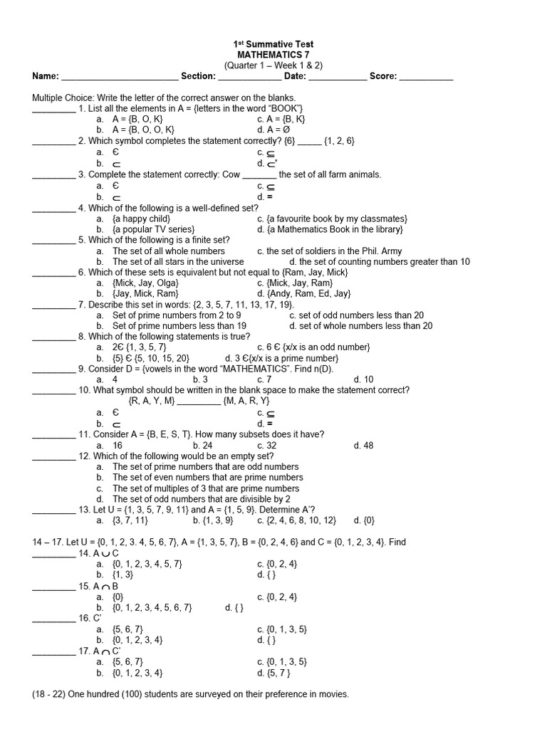 Math 7 Quarter 1 Summative Test | PDF | Prime Number | Numbers