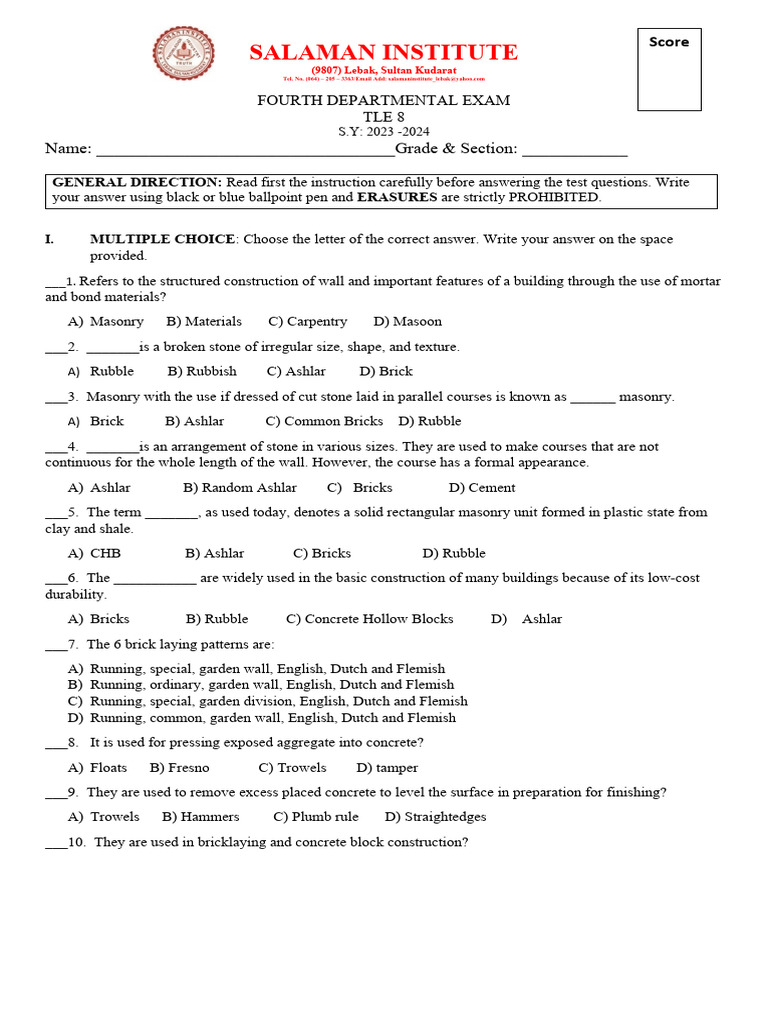 TLE Exam | PDF | Masonry | Brick