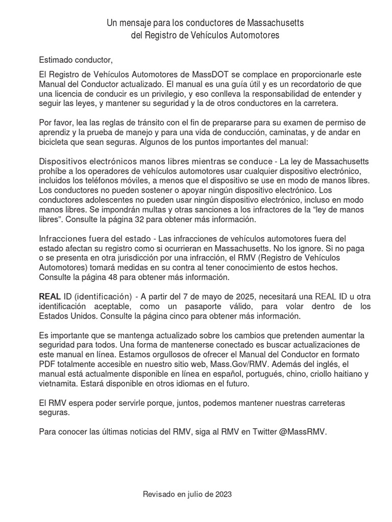 Manual del Conductor Massachusetts 2023 | PDF | Licencia de conducir ...
