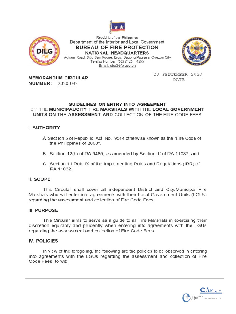 BFP MC 2020 033 Guidelines On Entry Into Agreement by The Municipalitycity Fire Marshals With T ...
