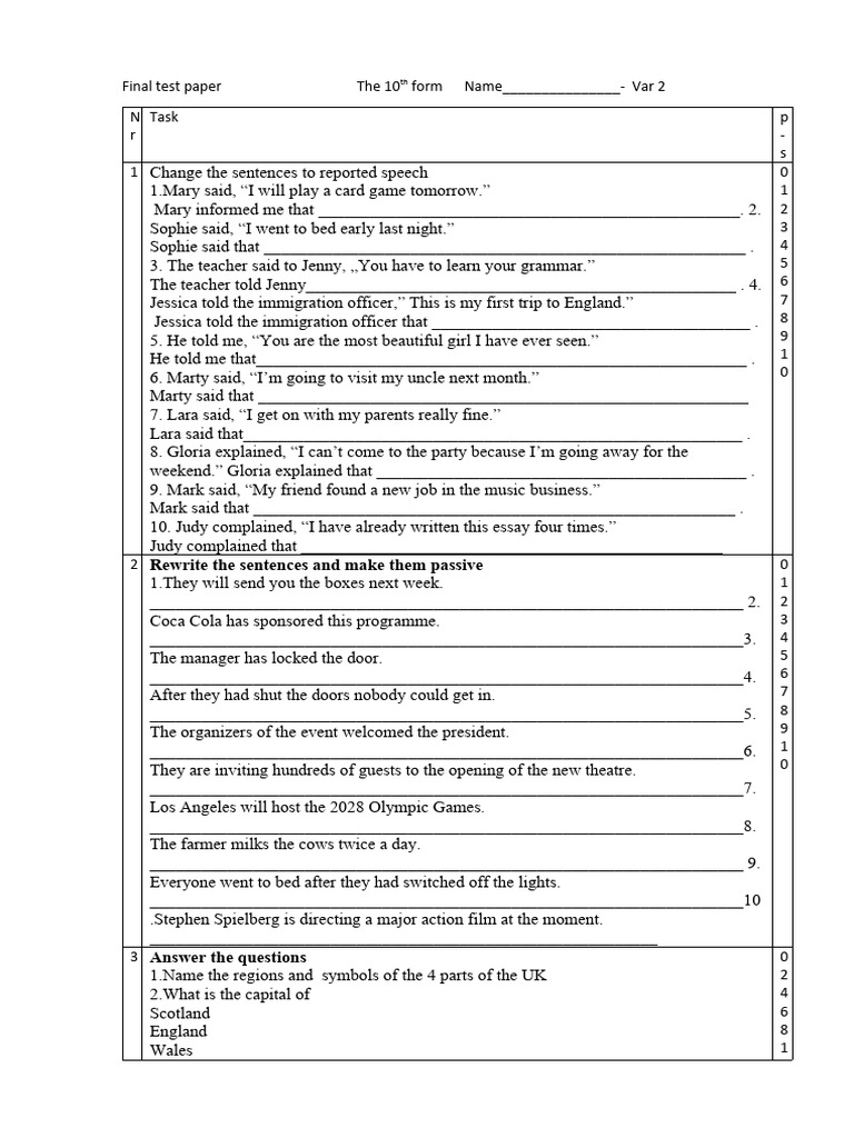 Final Test Paper The 10th Form Name | PDF | Human Communication ...