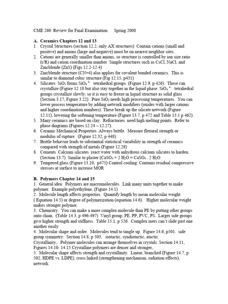 CME 260 Review For Final Examination 2008 | PDF | Polymers | Electrical ...