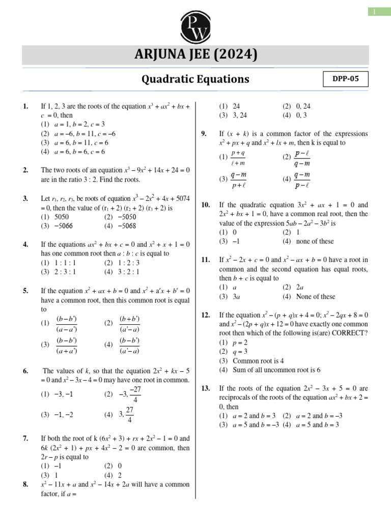 Quadratic Equations - DPP 05 | PDF | Equations | Mathematical Concepts