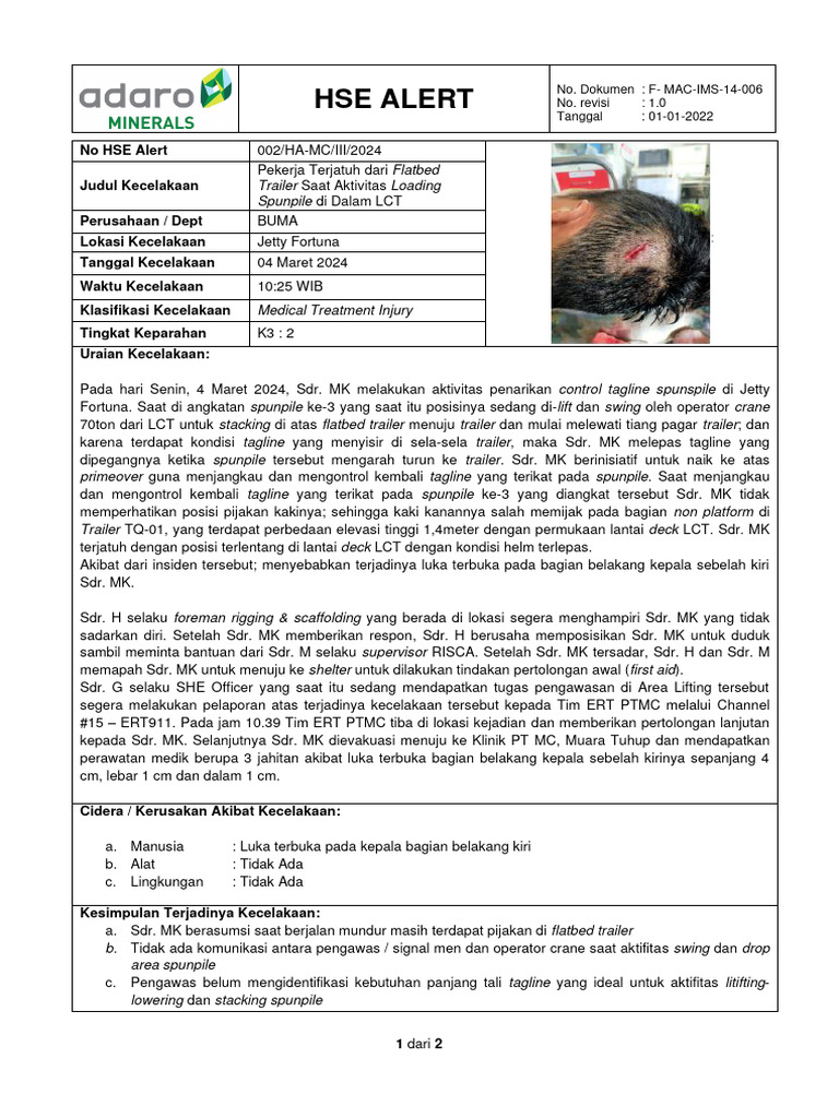 HSE Alert - Karyawan Terjatuh Dari Flatbed Trailer - Cleaned | PDF