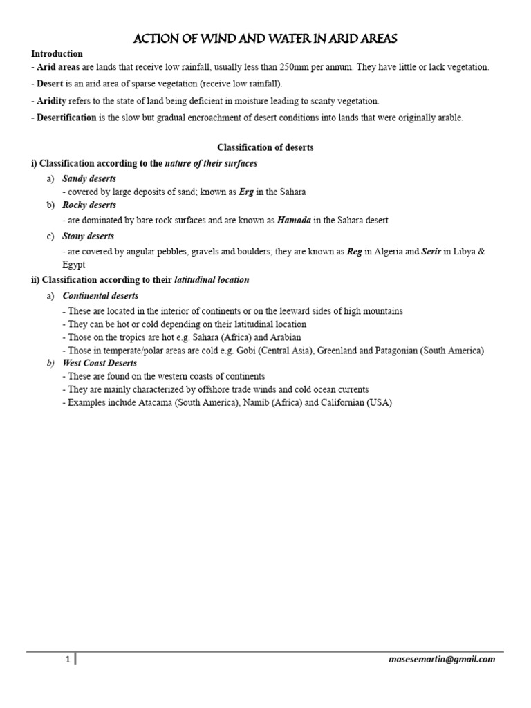 Action of Wind and Water in Arid Areas | PDF | Erosion | Desert