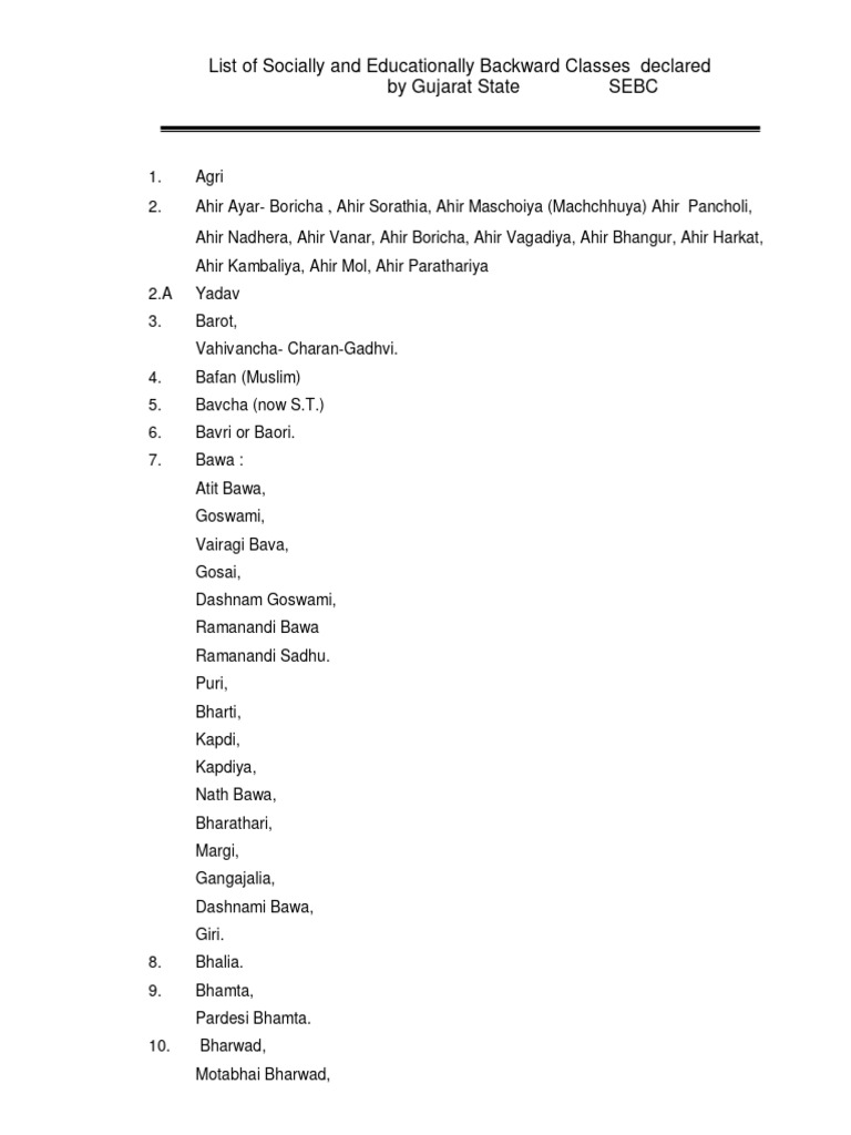 Gujarat SEBC Classes List | PDF | Gujarat | Demographics Of India