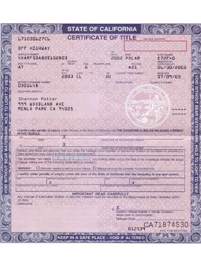 1. Printed_Certificate_Of_Title_2003_California1_1page | PDF