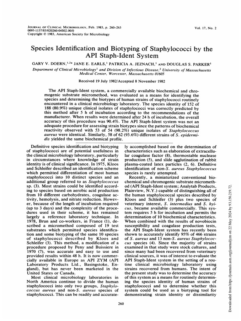 Doern Et Al 1983 Species Identification and Biotyping of Staphylococci by The Api Staph Ident ...