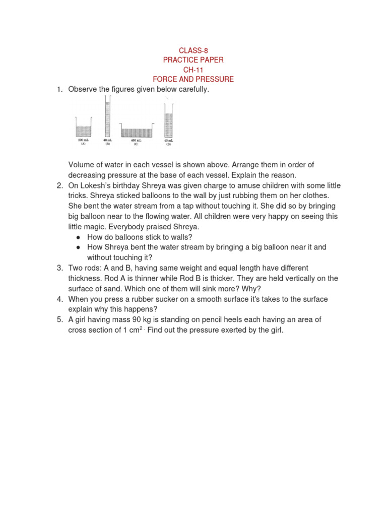 Class 8 Force and Pressure Practice Paper | PDF