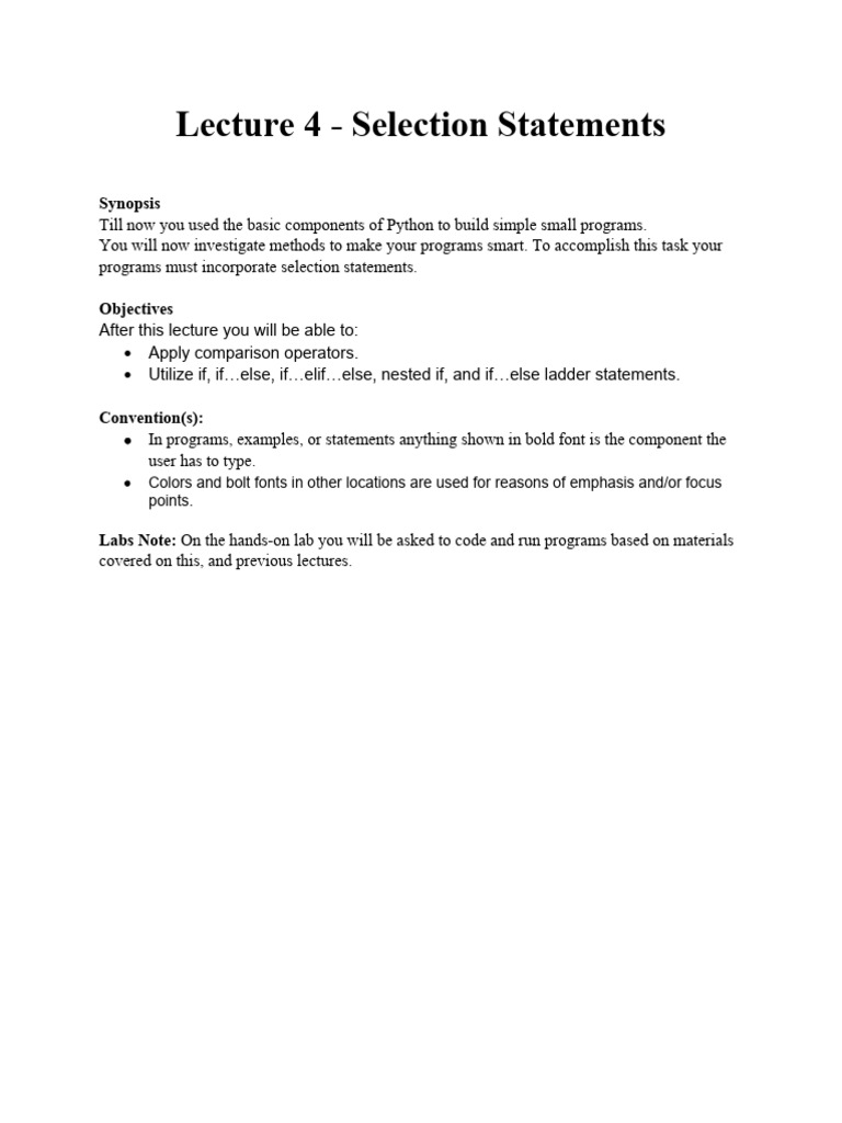 Lecture 4 - Selection Statements | Download Free PDF | Boolean Data ...
