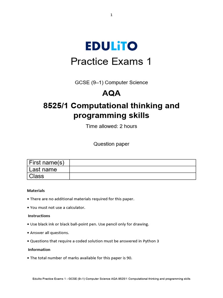 Edulito Practice Exams 1 AQA 8525-1 Computational Thinking & Programming | PDF | List Price ...