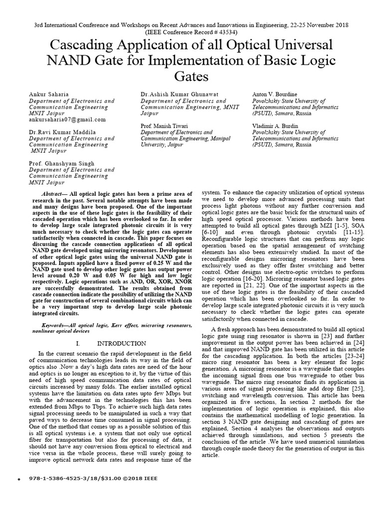 Cascading Application Of All Optical Universal Nand Gate For Implementation Of Basic Logic Gates