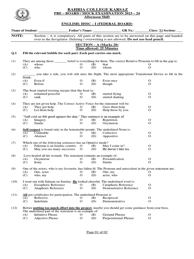 XI Pre Board Federal Board BCKZ Papers (All Wings) - 2024 | PDF | Pronoun | Adjective
