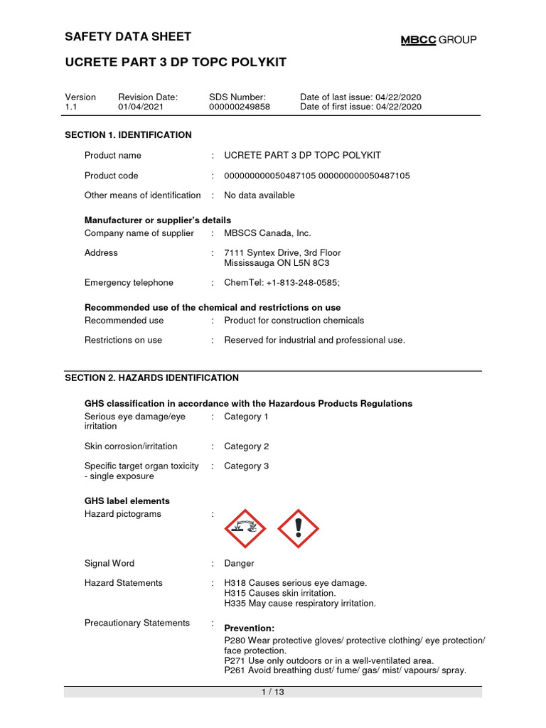 Ucrete Part 3 DP Topc Polykit Sds - en - Ca | PDF | Safety | Occupational Safety And Health