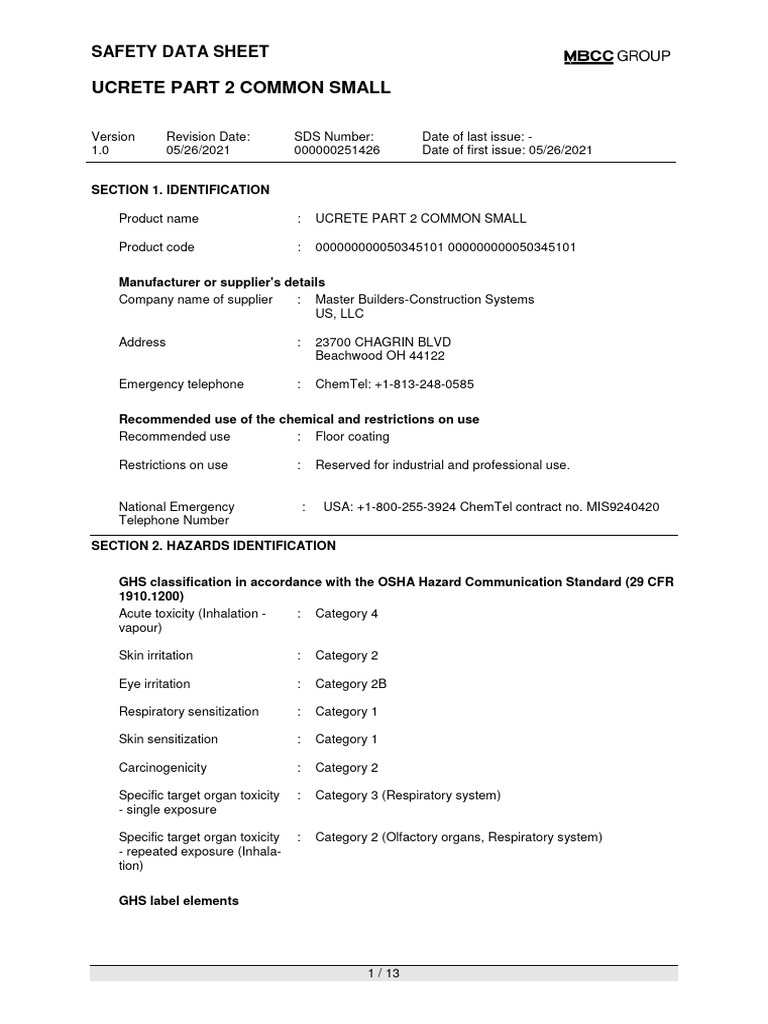 Ucrete Part 2 Common Small Sds en Us | PDF | Occupational Safety And ...