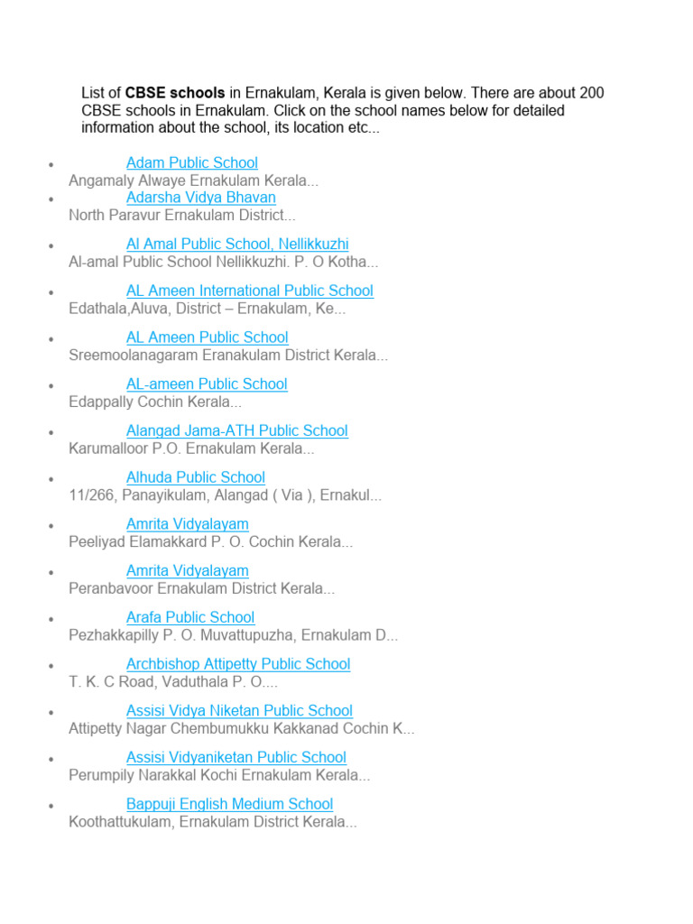 CBSE Schools in Ernakulam, Kerala List | PDF | Secondary Education