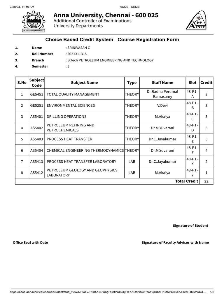 ACOE - SEMS-SRINIVASAN | PDF | Course Credit | Engineering