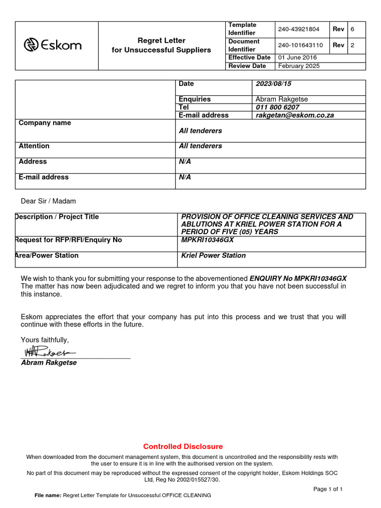 Regret Letter Template For Unsuccessful OFFICE CLEANING | PDF | Freedom ...