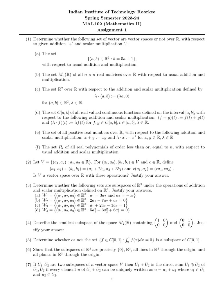 MAI 102 Assignment 1 | PDF | Basis (Linear Algebra) | Linear Subspace