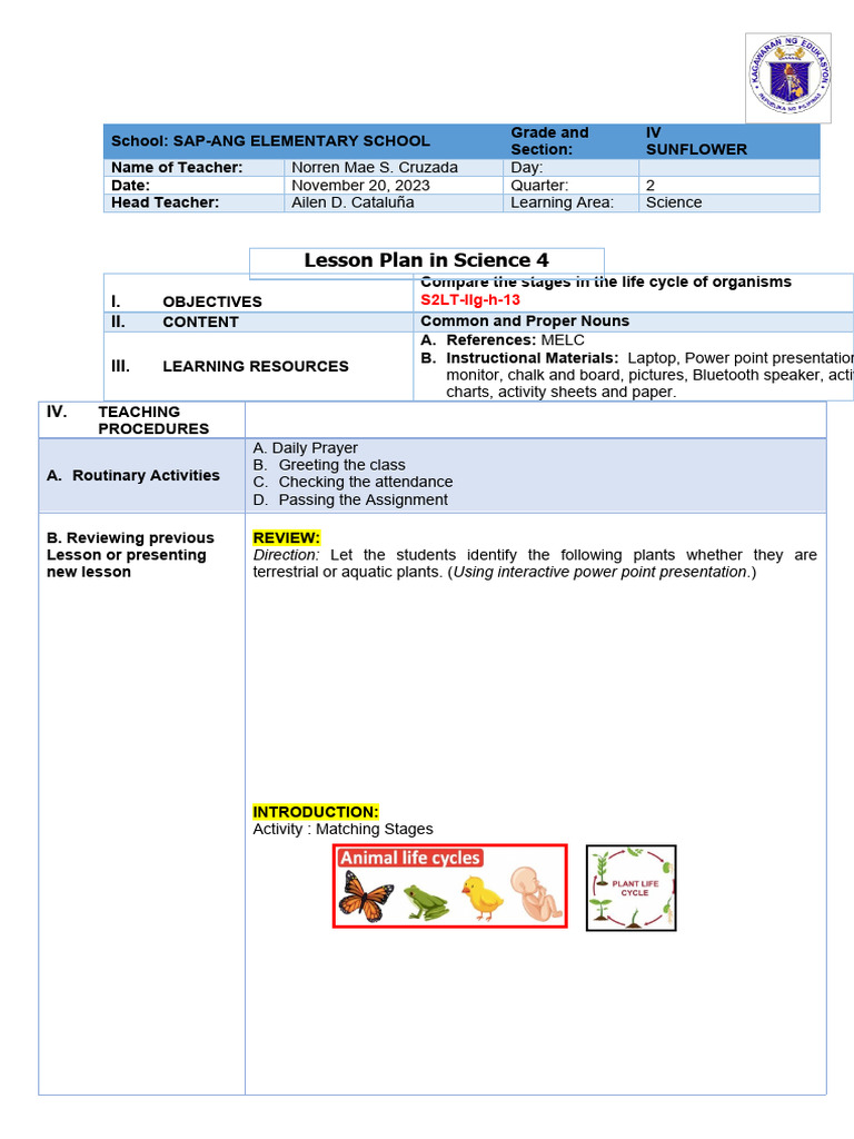 COT-SCIENCE 4-Q2 - | PDF | Lesson Plan | Cognition