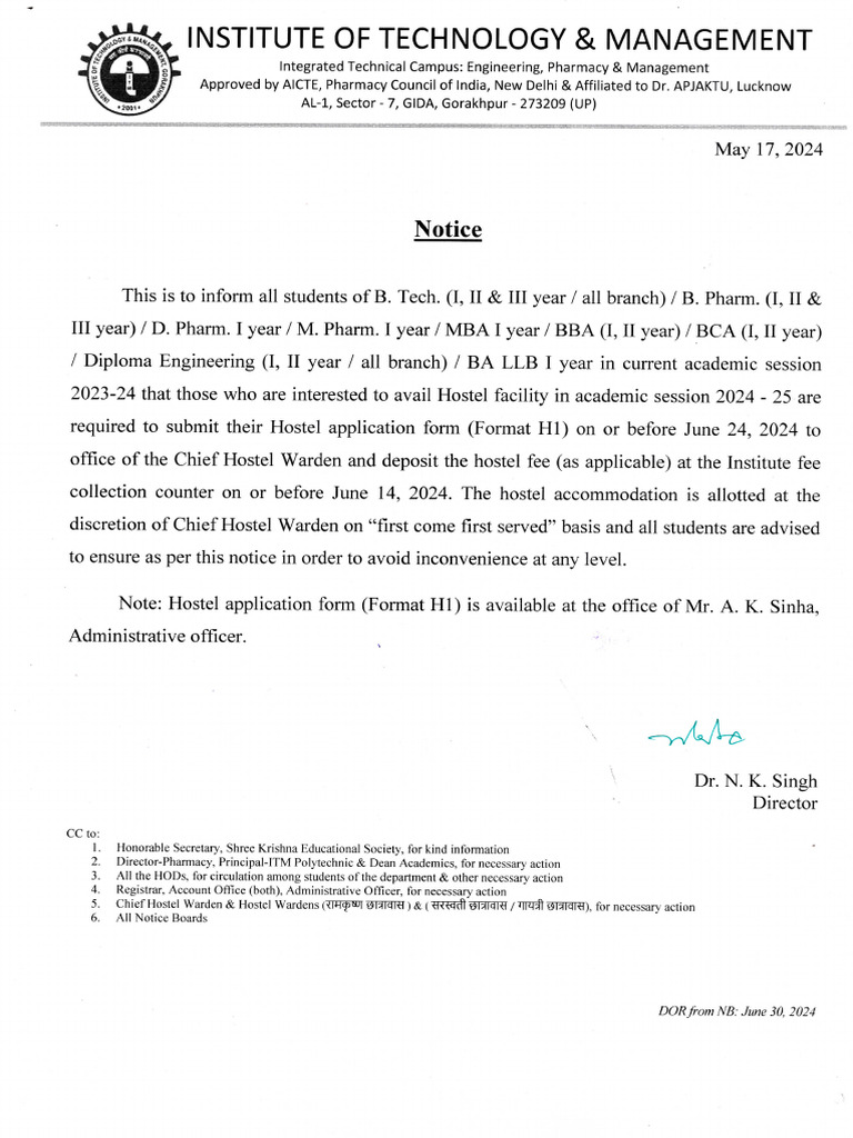 Notice For Hostel | PDF