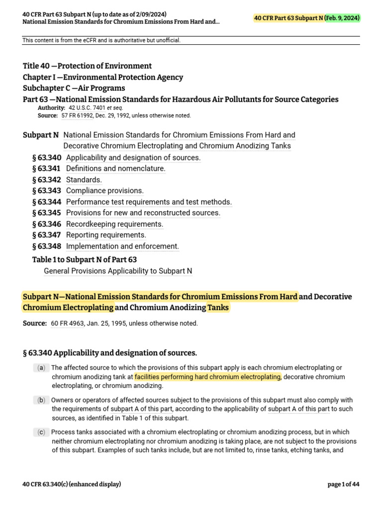 40 CFR Part 63 Subpart N (Up To Date As of 2-09-2024) | PDF | Chromium ...