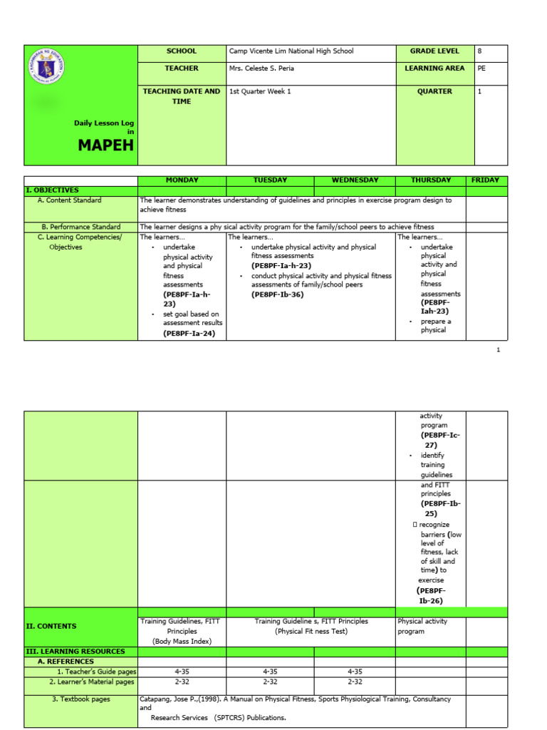 Q1 Grade 8 PE DLL Week 1 | PDF | Physical Fitness | Learning