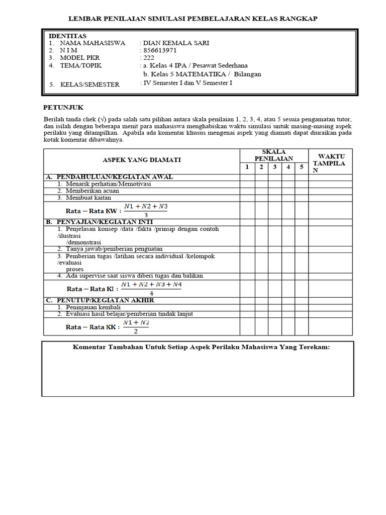 Penilaian Simulasi Pembelajaran Mahasiswa | PDF