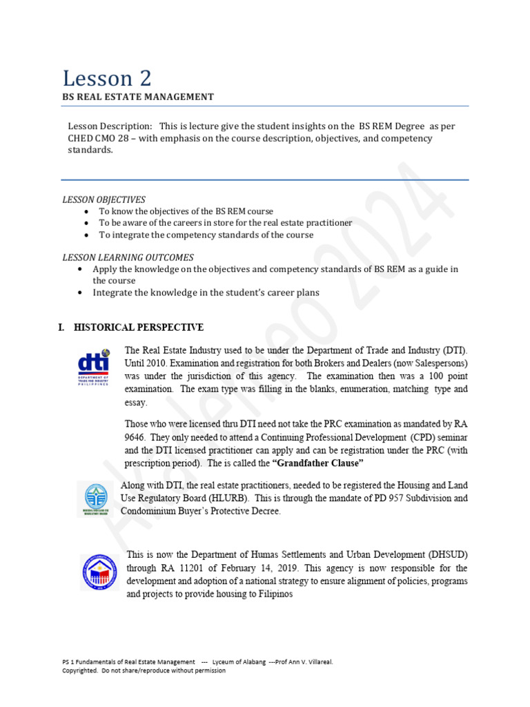 LESSON 2 FUNDA Overview of The BS REM Program | Download Free PDF | Real Estate Appraisal ...