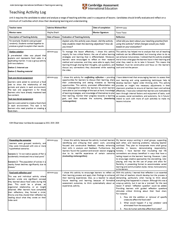 UNIT 3+Teaching+Activity+Log - CICTL | PDF | Learning | Metacognition