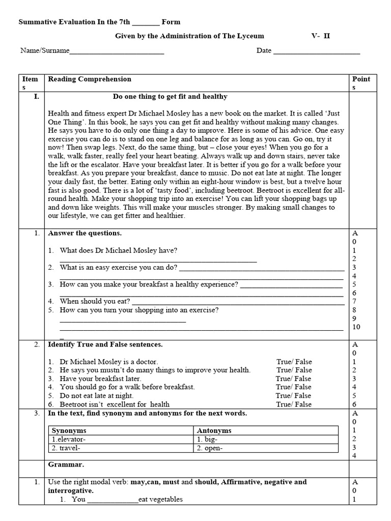 Summative Evaluation in The 7th Var 2 | PDF | Linguistics | Grammar