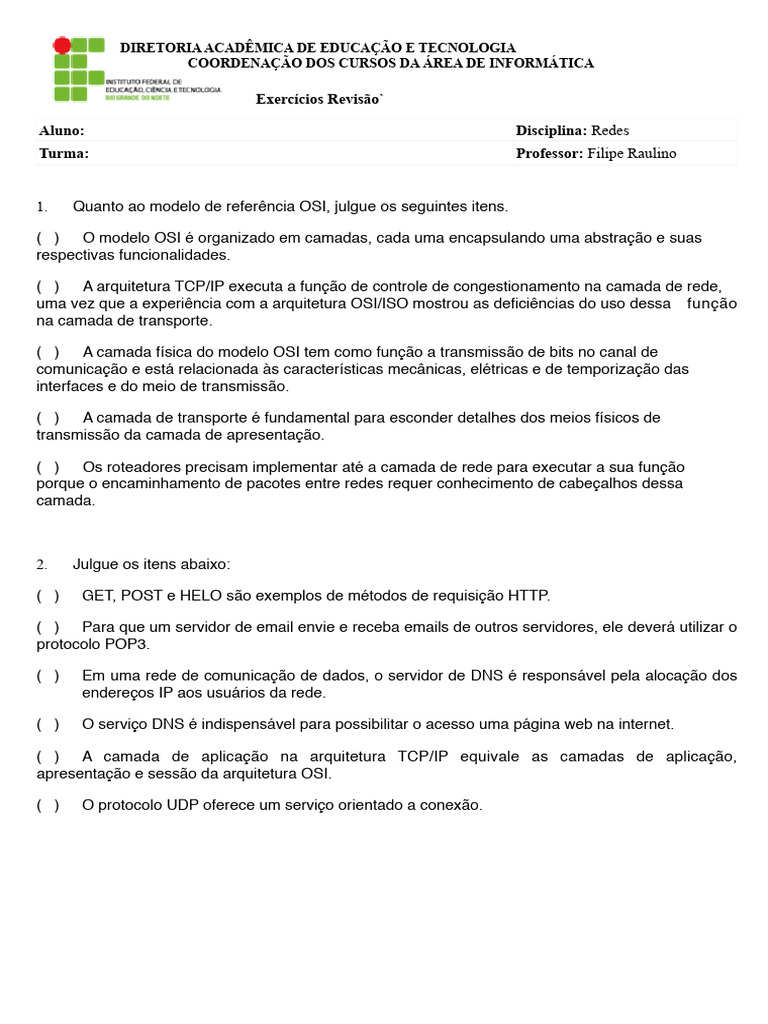 Exercicio Aplicacao | PDF | Modelo OSI | Rede de computadores