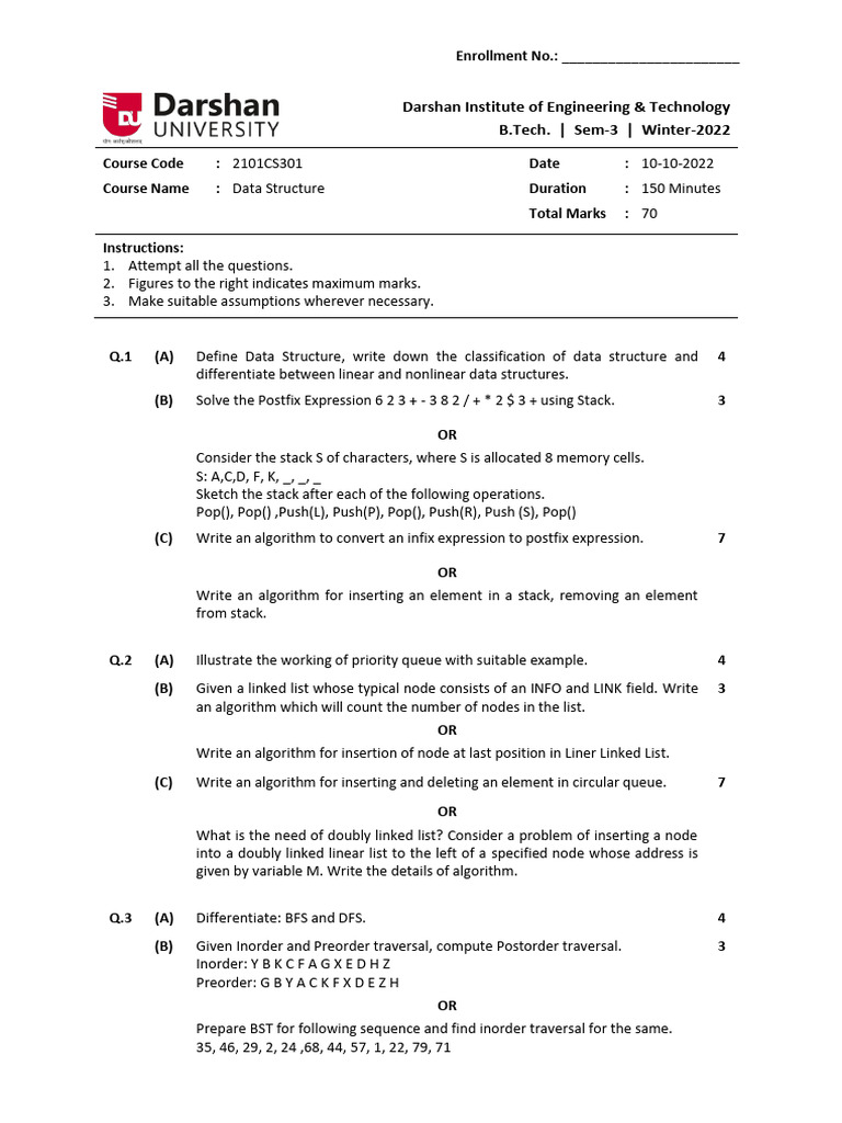 2101CS301 48 Question Paper | PDF | Computer Programming | Algorithms ...