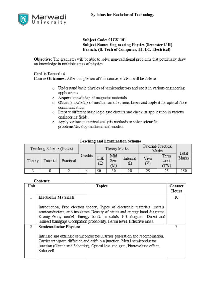 Engineering Physics Course Overview | PDF | Semiconductors | Electricity