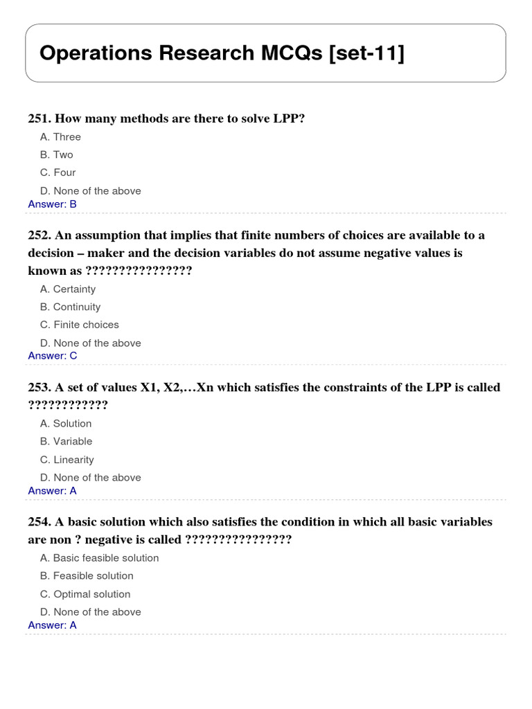 Operations Research MCQs Set 11 | PDF | Mathematical Optimization | Linear Programming