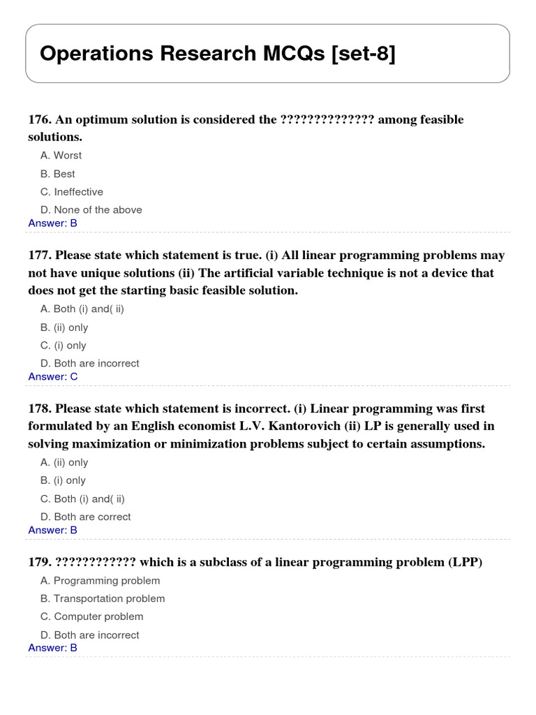 Operations Research Solved MCQs (Set-8 | PDF | Mathematical Optimization | Linear Programming