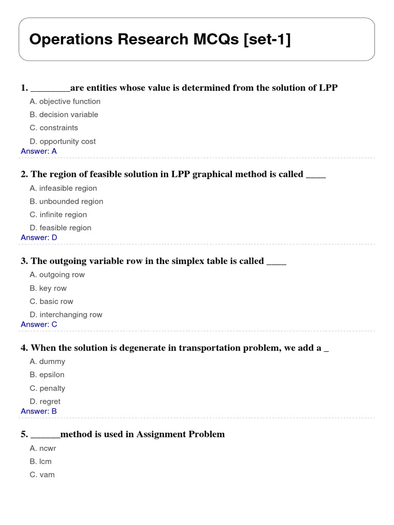 Operations Research Solved MCQs (Set-1) | PDF | Mathematical Optimization | Applied Mathematics