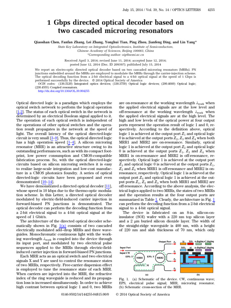 1 Gbps Directed Optical Decoder Based On Microring Resonators | PDF | Electromagnetic Spectrum ...