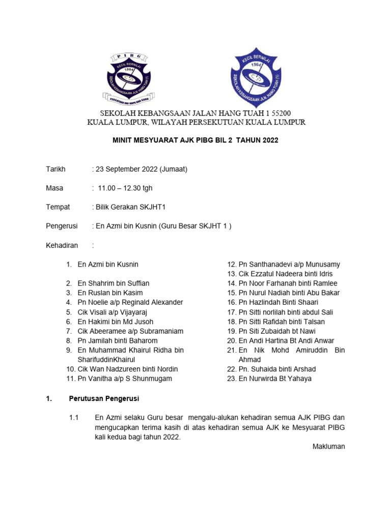 Minit Mesyuarat Pibg Bil 2 2022 | PDF