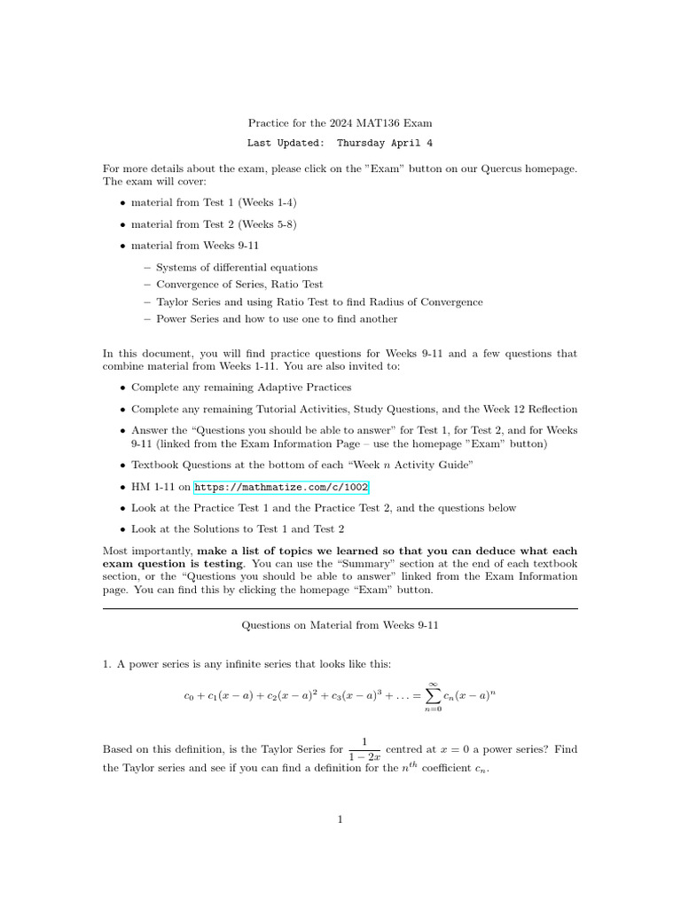 Exam Practice 2024 | PDF | Power Series | Interval (Mathematics)