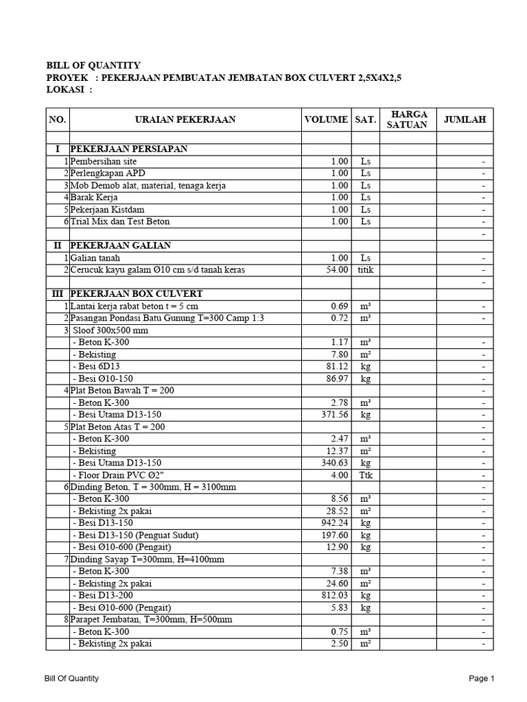 BQ Jembatan Box Culvert 2,5x4x2,5 | PDF