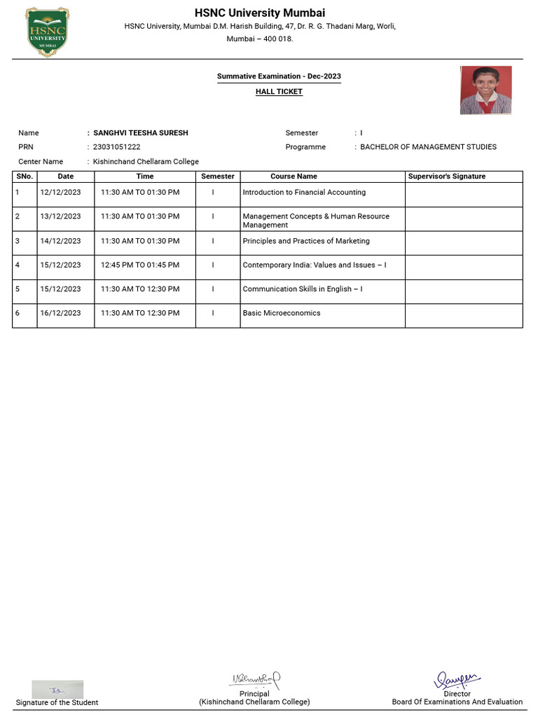 BMS Semester I Exam Schedule | PDF