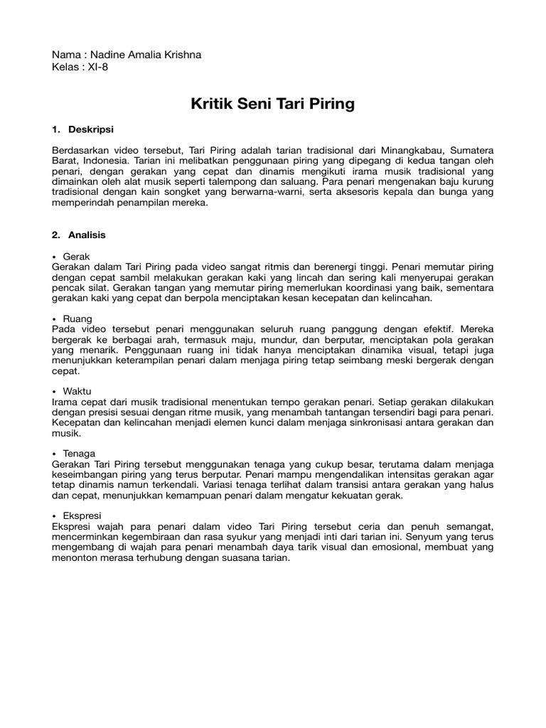 Kritik Seni Tari "Piring" - Nadine Amalia Krishna | PDF