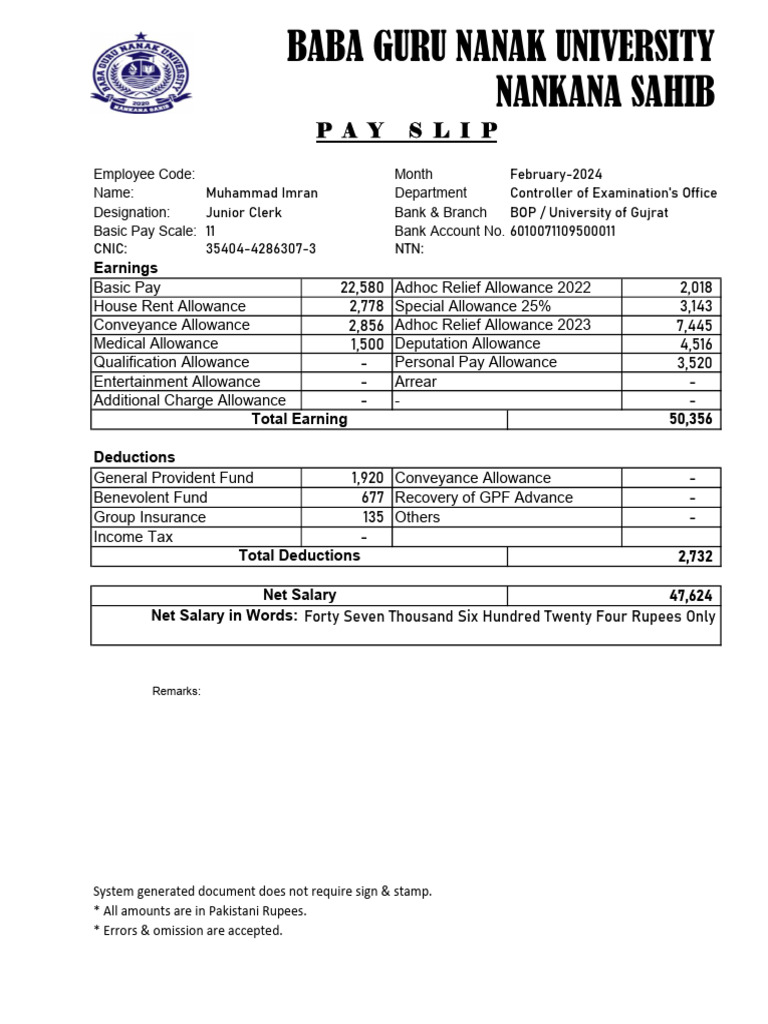 February 2024 Salary Slip Details | PDF