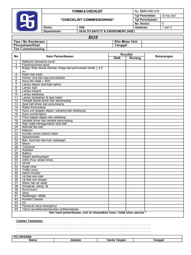 BMR-HSE-016 - Checklist Commissioning Bus_21 | PDF