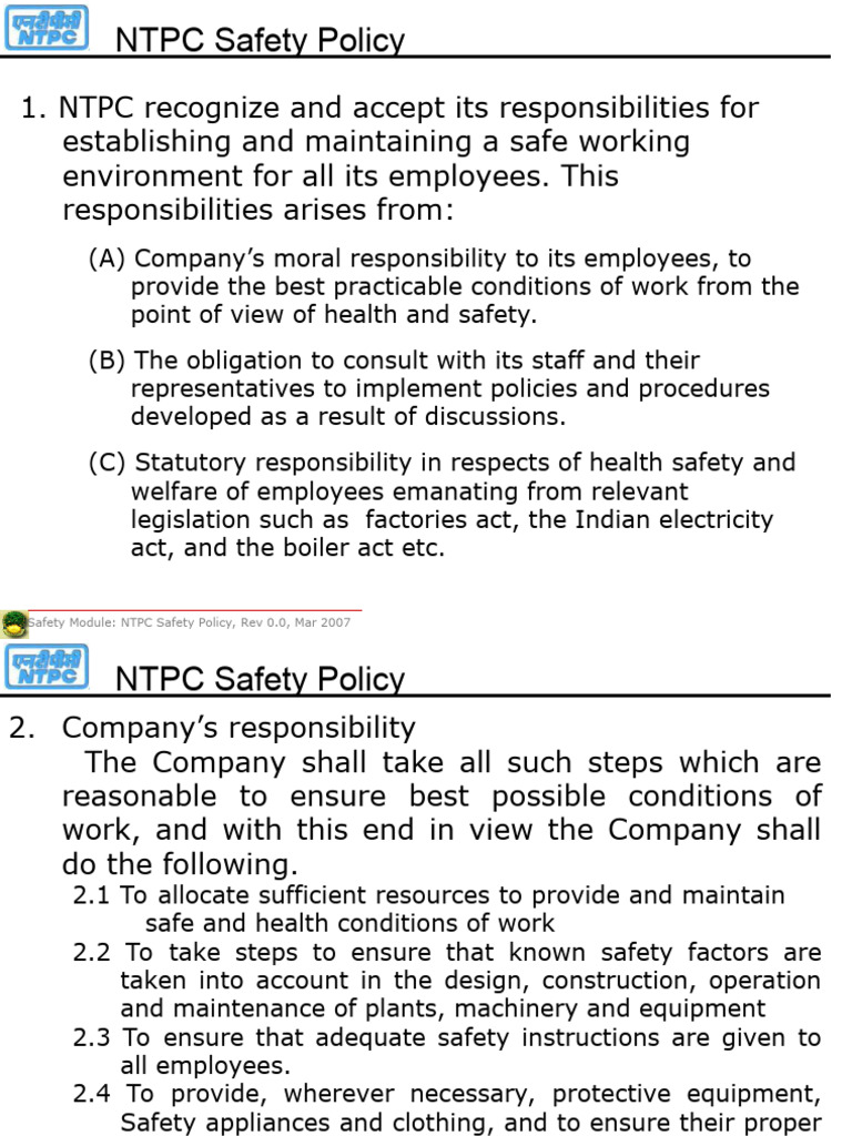NTPC Safety Policy | PDF | Occupational Safety And Health | Safety