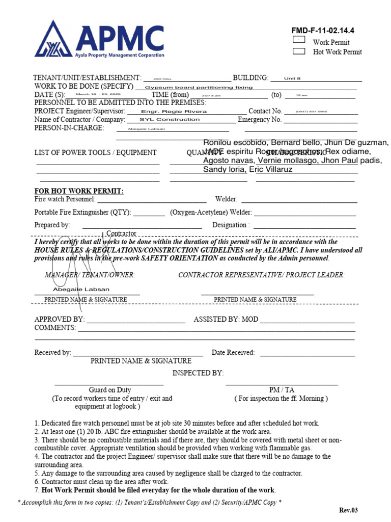 FMD-F-11-02.14.4 Work Permit Hot Work Permit 1 | Download Free PDF ...