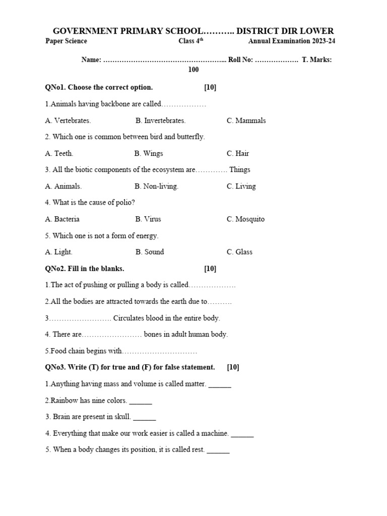 Class 4th Science Paper MCQC and Subjective Questions | PDF | Ecosystem ...