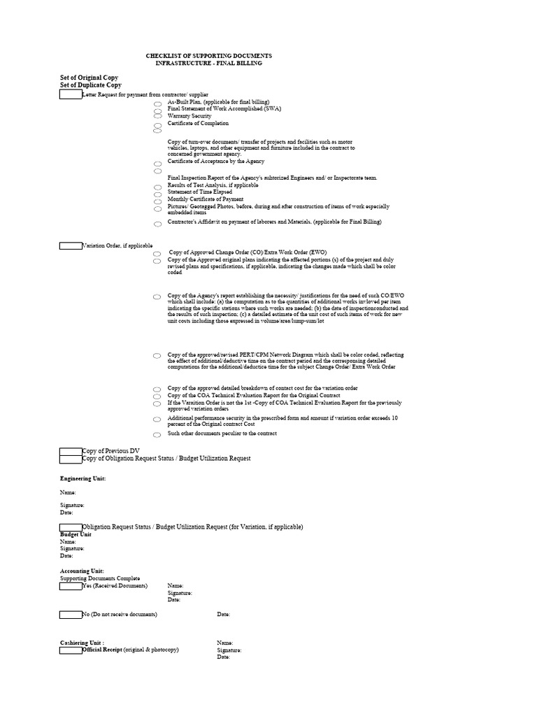 Infrastructure Billing Document Checklist | PDF | Receipt | Food And ...