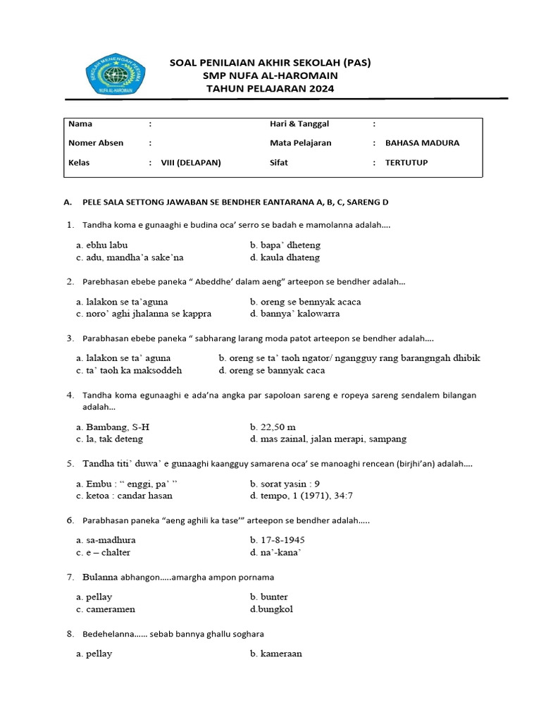 Soal Pas Bahasa Madura KLS Viii | PDF | Seni & Disiplin Bahasa | Kajian Bahasa Asing